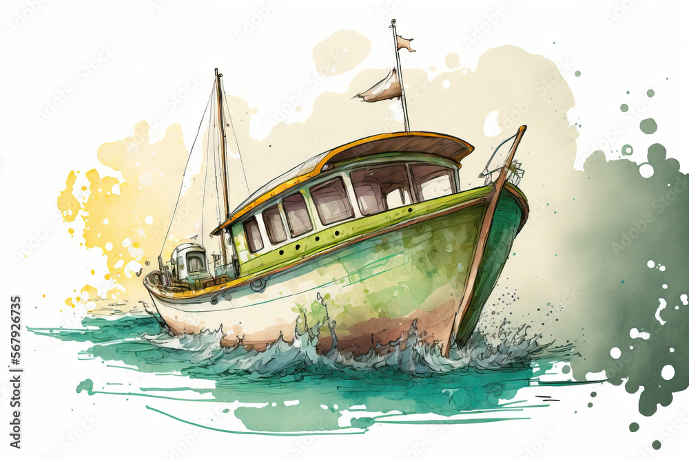 cartoon style watercolor drawing of a boat. Generative AI Stock ...