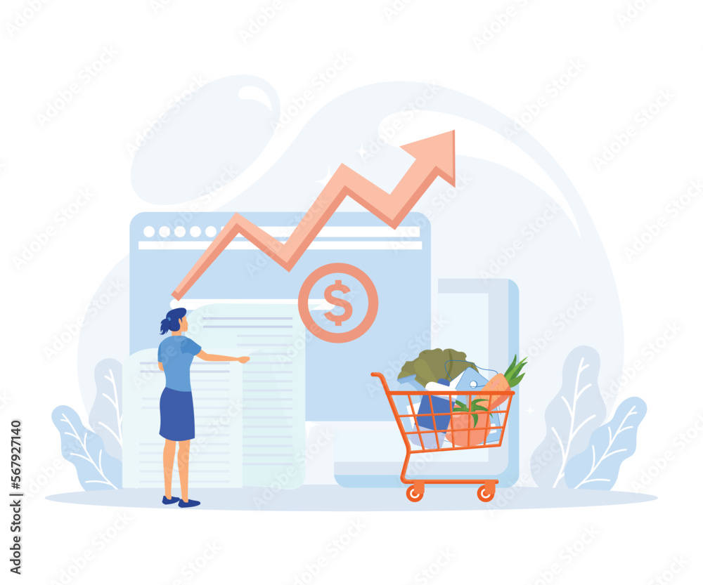 Inflation illustration. Characters buying food in supermarket and ...