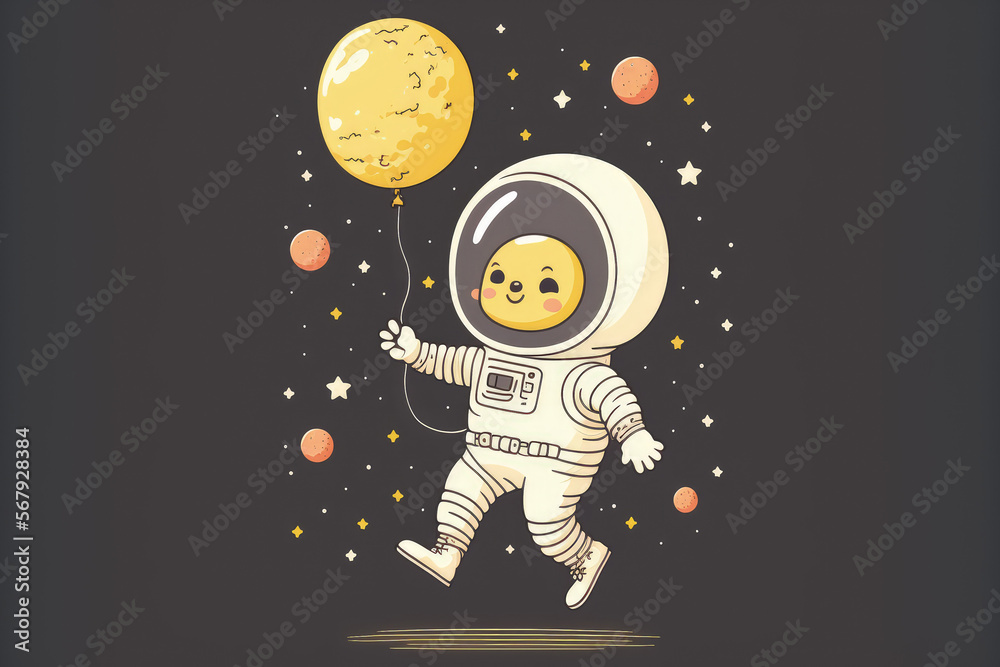 Cartoon symbol of a cute astronaut floating in space with a moon ...