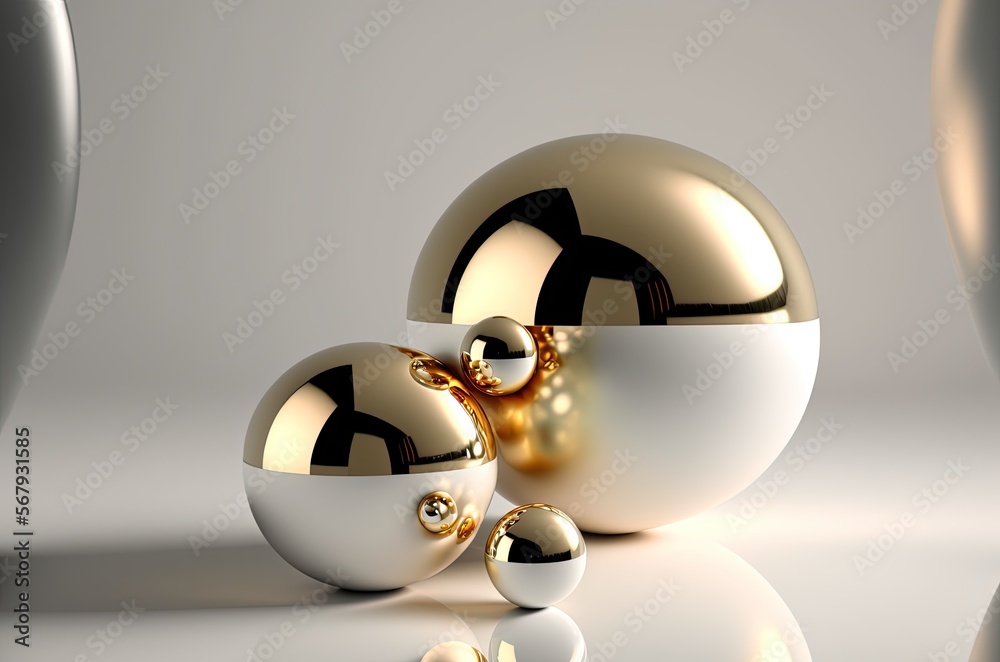 big and small sized gold spheres, reflections, ray tracing made with ...