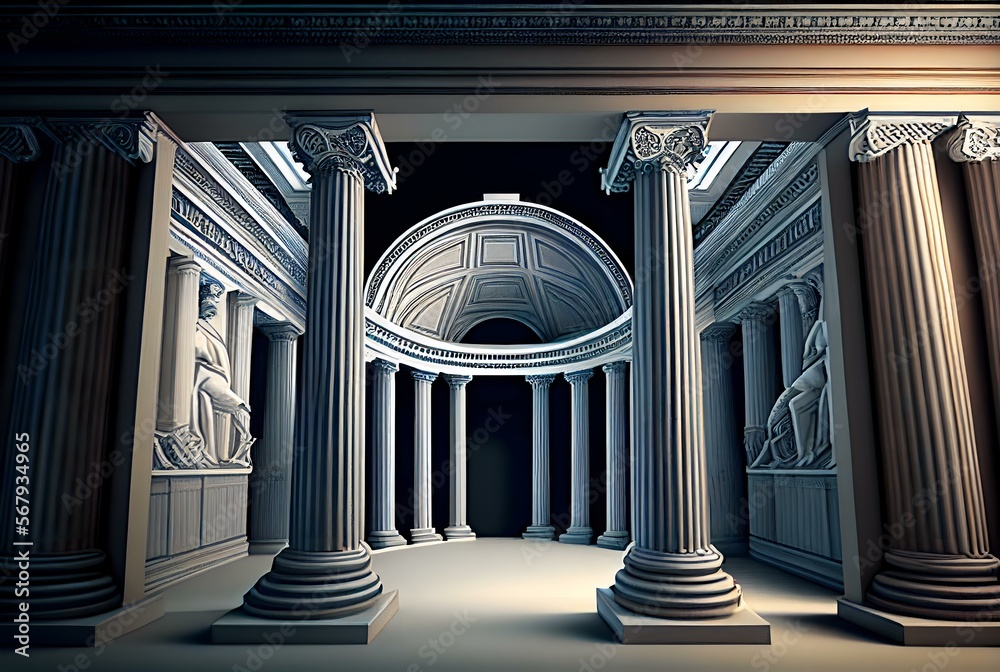 3D mural of a classic Greek temple interior with intricate columns and ...