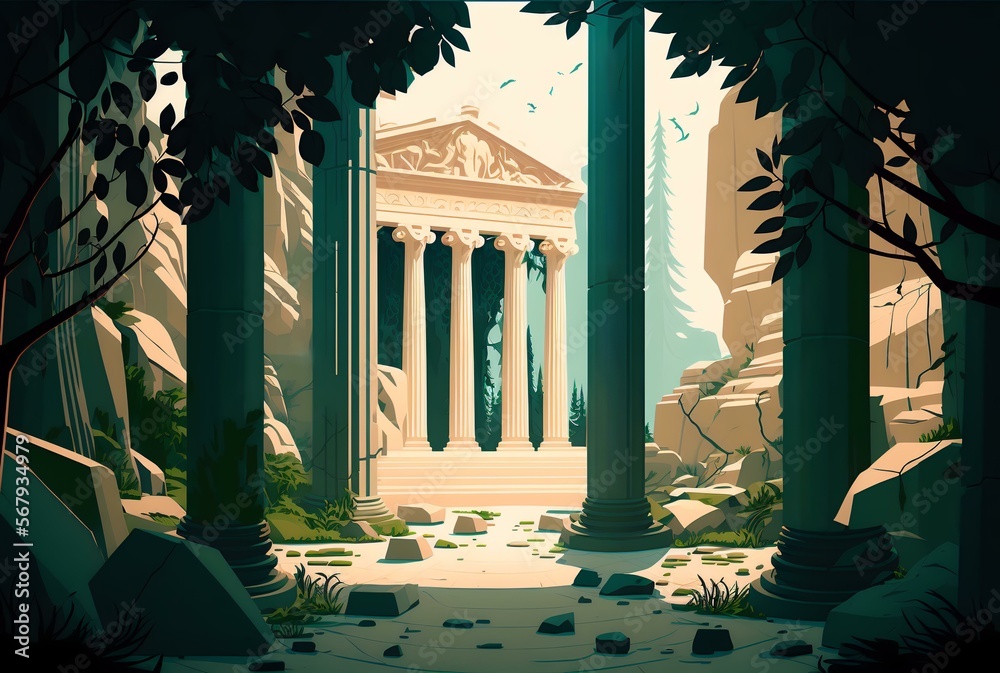 3D mural of a classic Greek temple interior with intricate columns and marble flooring (AI ...