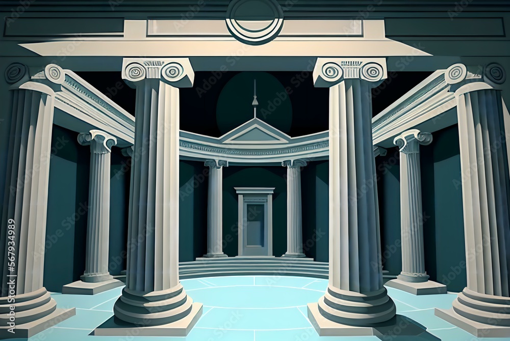 3D mural of a classic Greek temple interior with intricate columns and ...