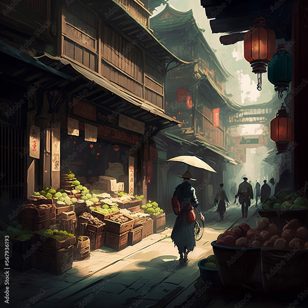 Ancient of market street in the noon illustration. Vintage market ...