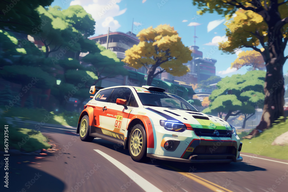 Rally Car Race in Full Speed Across the Japanese Landscape in a White ...