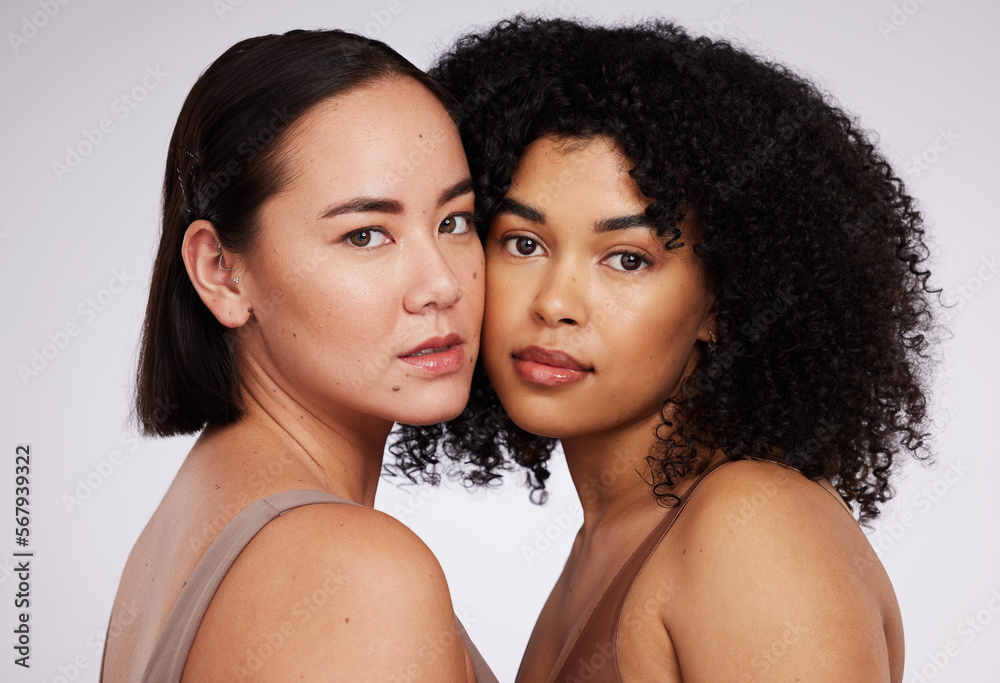 Women, face and diversity with portrait, skin color and skincare ...