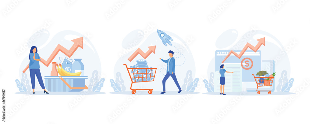 Inflation illustration set. Characters buying food in supermarket and ...