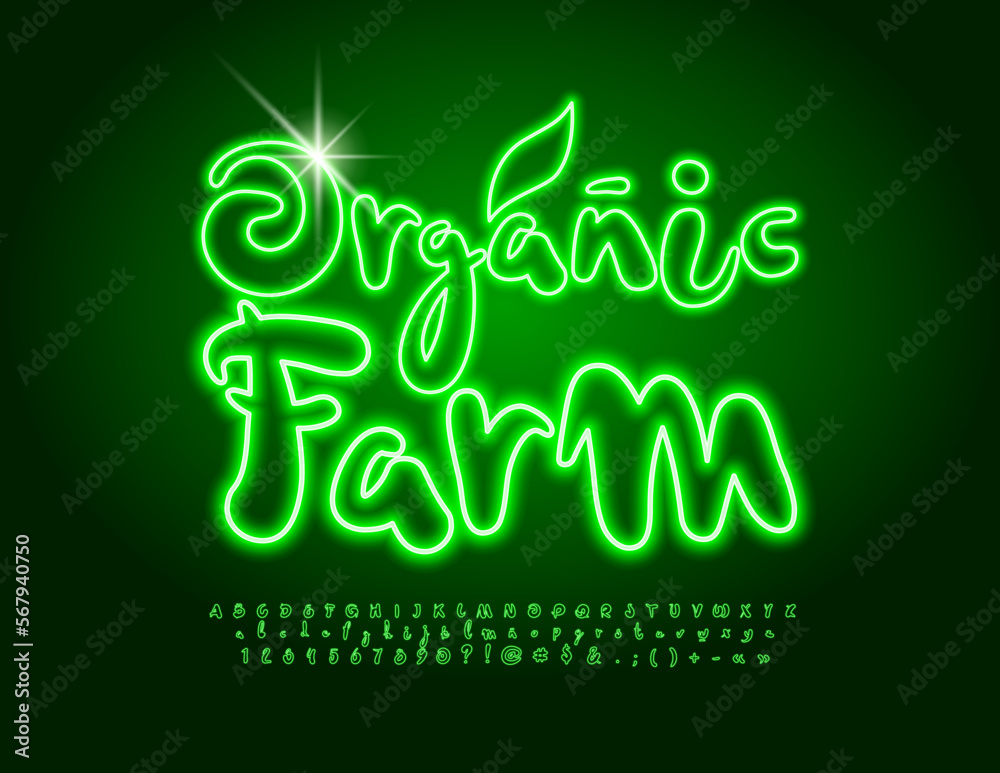Vector neon Banner Organic Farm. Green handwritten Font. Bright Glowing ...