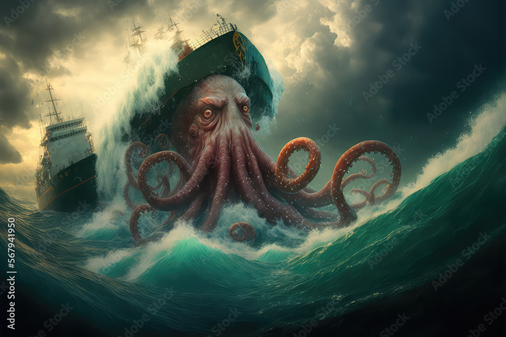 Digital painting of fantasy scene showing Cthulhu the giant octopus ...