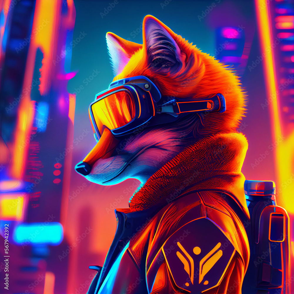 Fox Robot Wearing Modern Steel Uniform and Wear Vr Glasses Cyberpunk ...