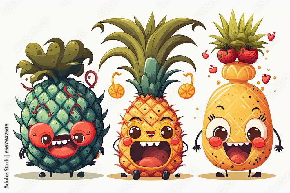 cartoon characters of pineapple, happy and smile, cute fruit monsters ...