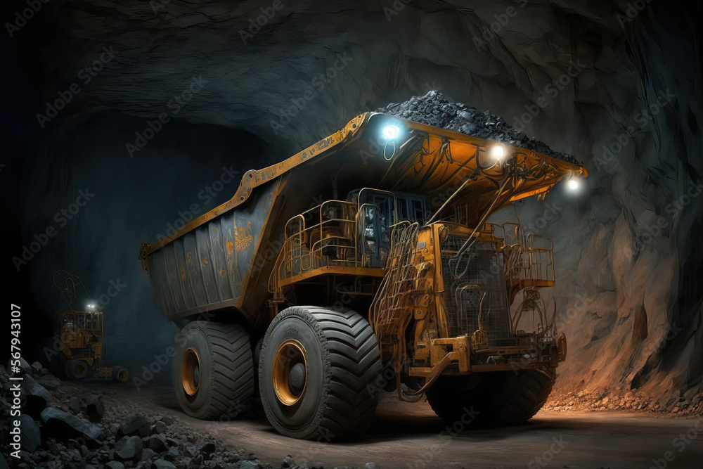 A full bucket of ore is being carried by an underground loading device ...