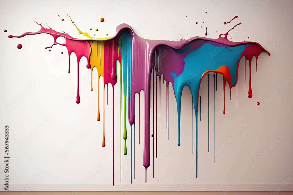 Colorful paint dripping down white wall, banner graphic, ai Stock ...