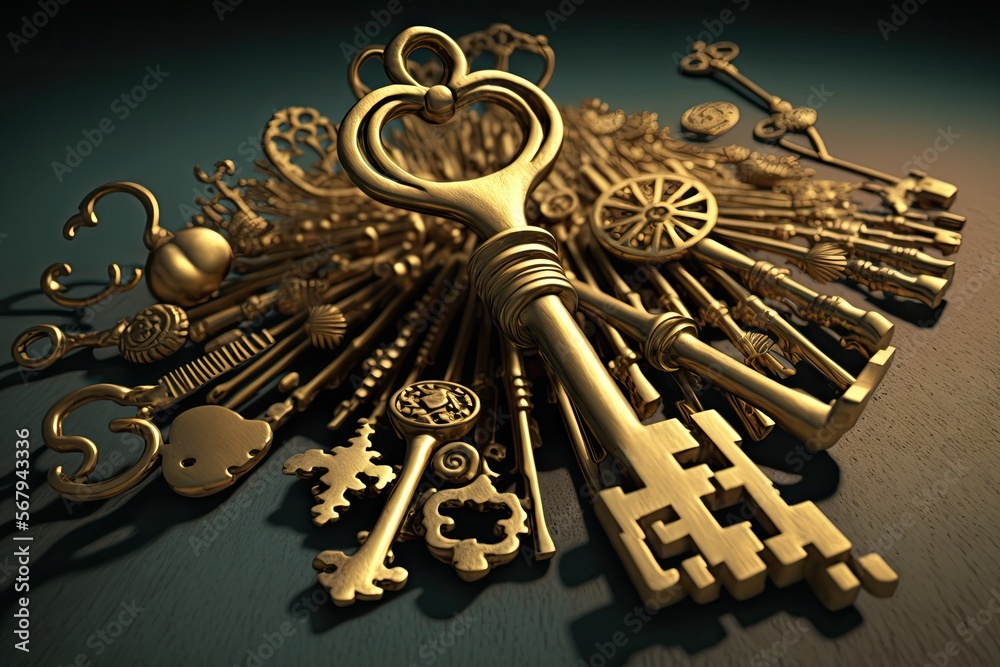 Unique gold key on pile of vintage skeleton keys. Concept for unlocking ...