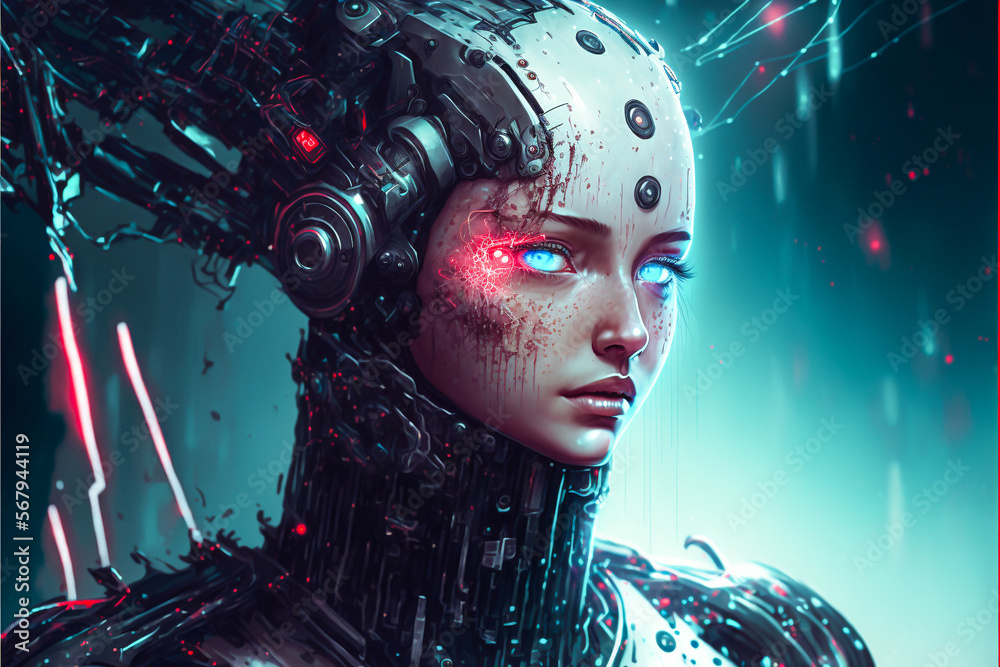 Illustration of fictional cyborg robot girl. Mechanical element is ...