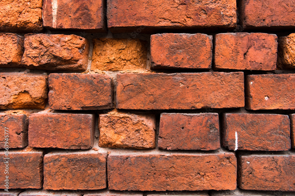 Bright red brick wall background. Red brick texture. Old Handmade brick ...