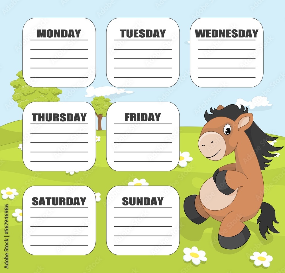 School class schedule with cartoon pony character. For the children ...
