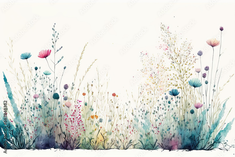 Meadow in summer. Horizontal border of adorable watercolor flowers on a ...