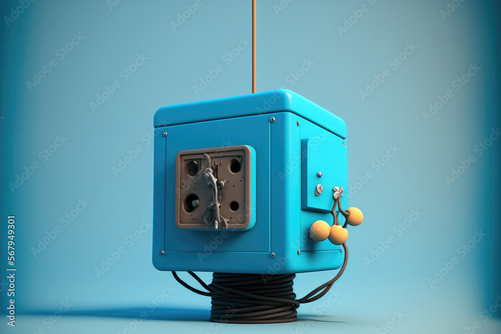 On poles are black boxes and cable reels. On a blue background, an ...