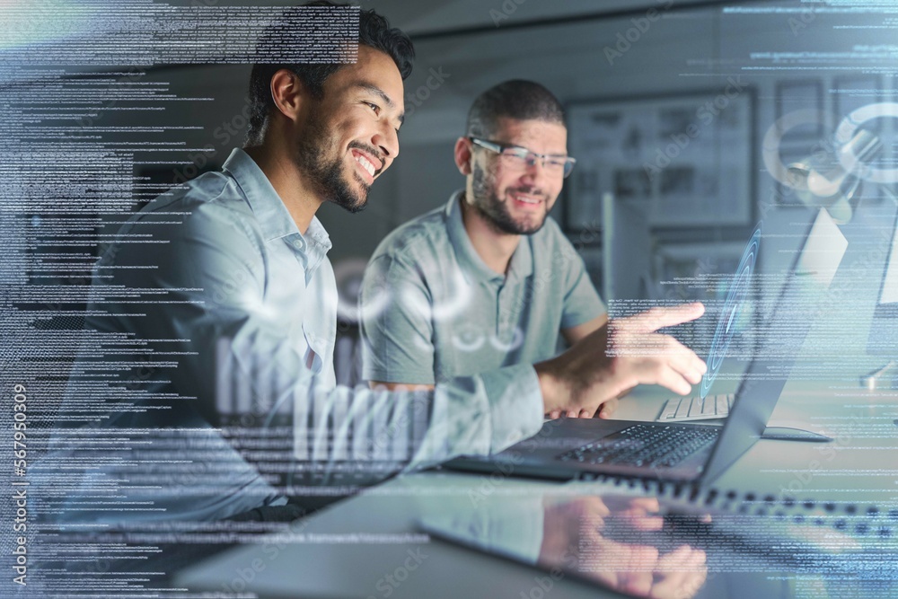 Teamwork, laptop hologram and people with data analytics, cyber security research and cloud ...