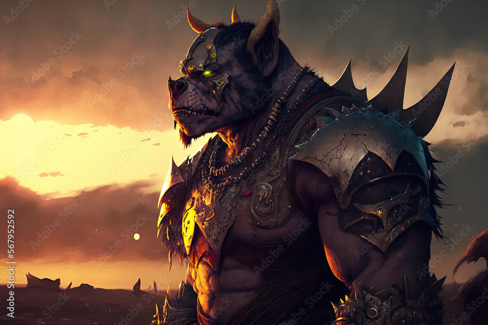 Strong orc warrior, who has a beard, enormous fangs, and tattered armor ...