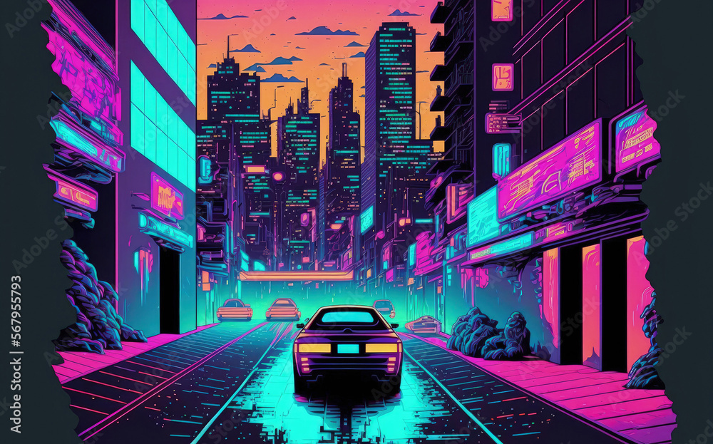 nighttime in a cyberpunk neon city. Scene of a futuristic city in pixel ...
