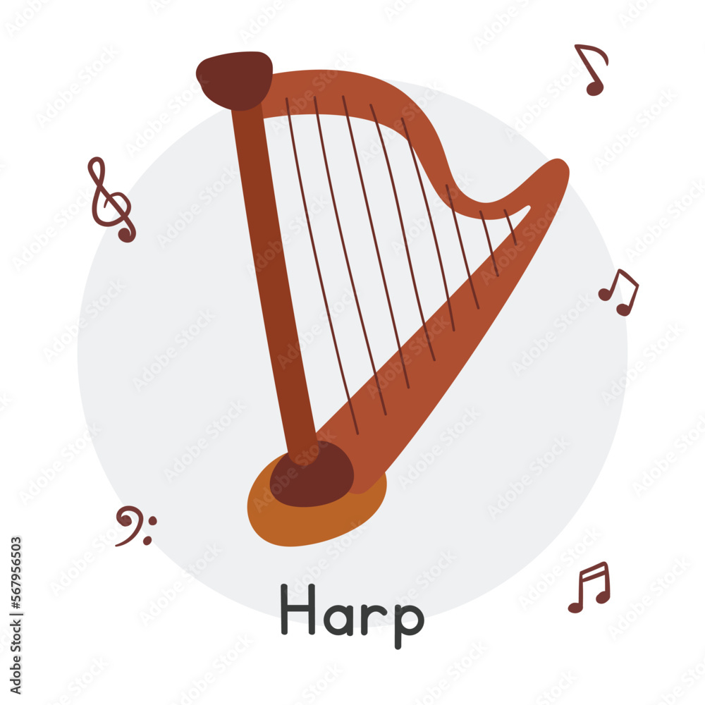 Harp Clipart Cartoon Style Simple Cute Brown Harp String Musical Instrument Flat Vector