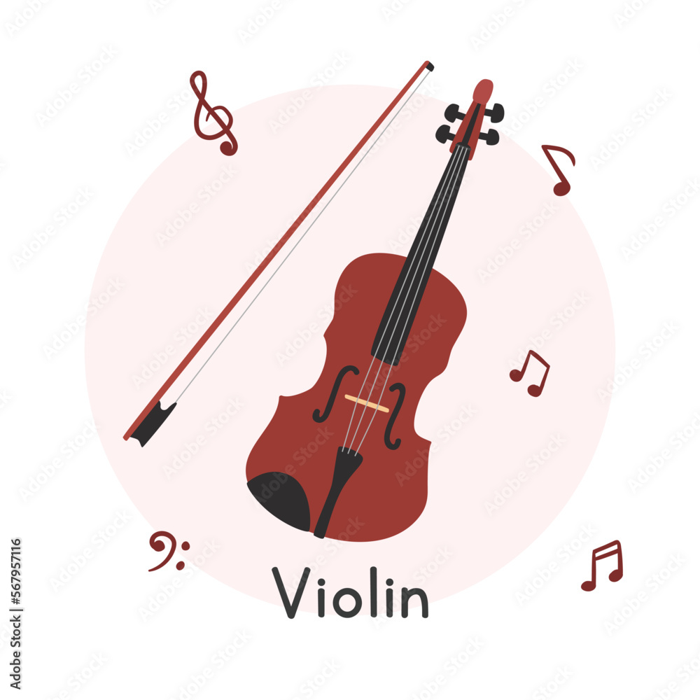 Violin with bow clipart cartoon style. Simple cute brown violin string ...