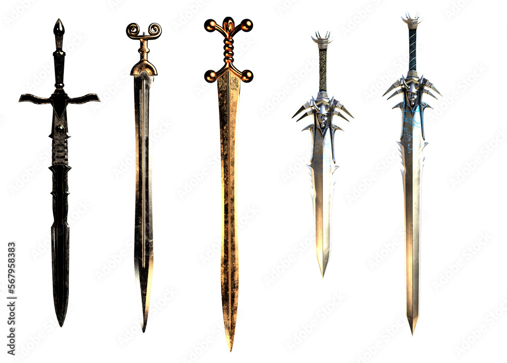 3d render, set of swords Stock Illustration | Adobe Stock