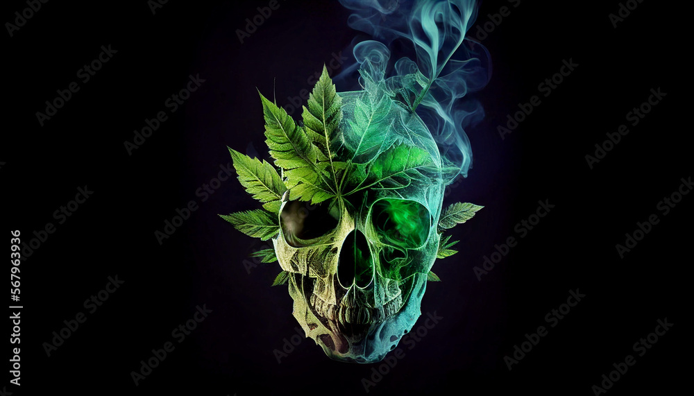 Hemp leaf grow inside human skull. marijuana leaves in skull head on ...