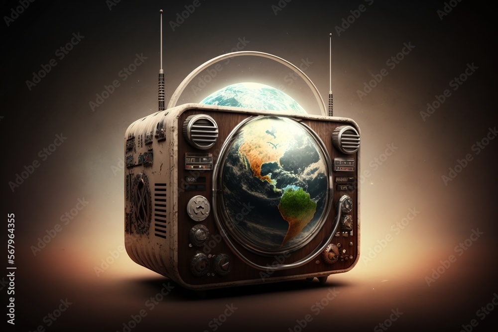 Vintage radio with planet earth. World radio day theme concept. Stock ...