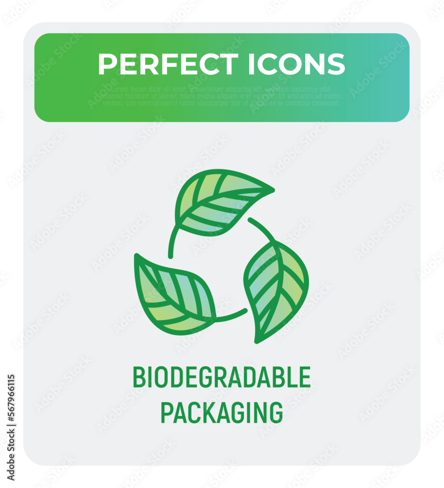 Biodegradable thin line icon for packaging. Leaves in circle. Symbol of ...
