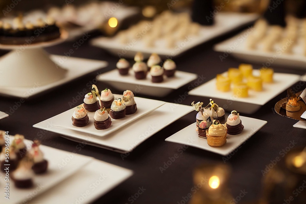 Waiters serving mini canapes pastry desserts during wedding or gala ...
