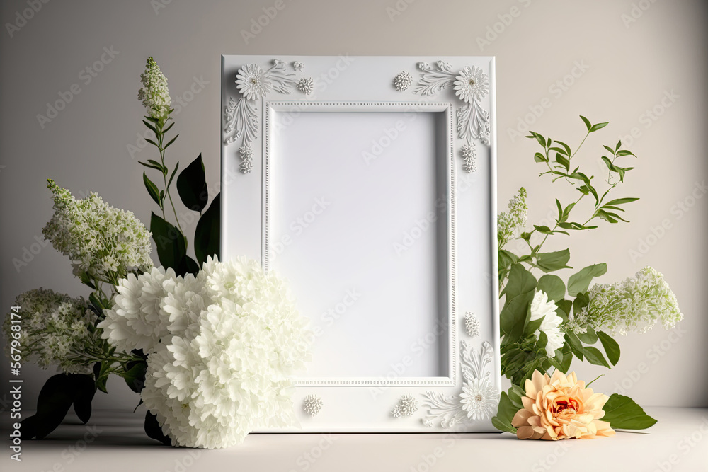 Flowers and a frame are on the table. White hues. card for greeting ...