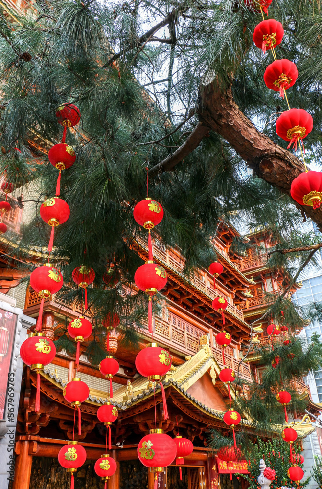 Traditional decorative Chinese red lanterns with ‘Fu’ blessing ...