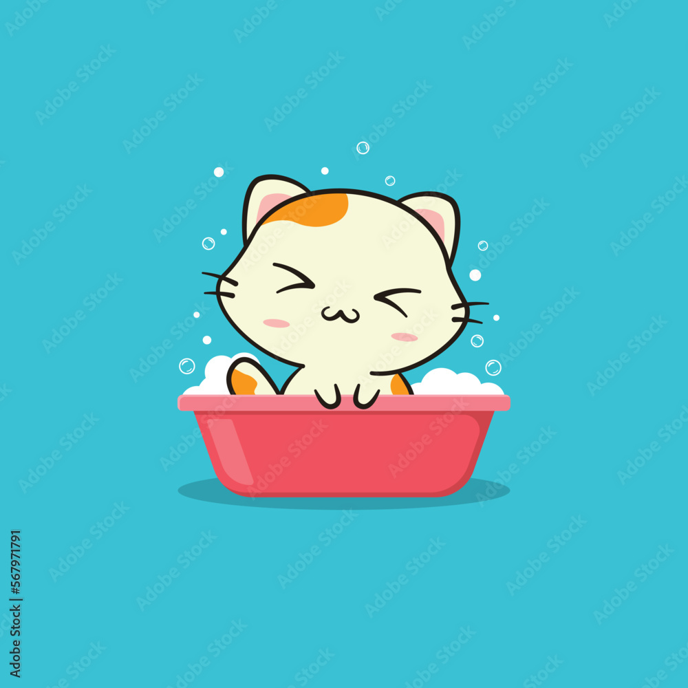 Illustration of a cute little cat taking a bath in a pink bathtub with ...
