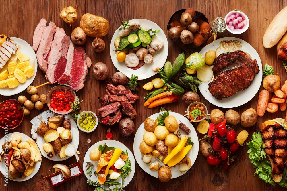 Summer BBQ or picnic food corner border over a rustic wood banner ...