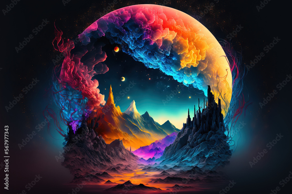 Abstract neon space landscape dream. Month and moon, mountains, fog ...