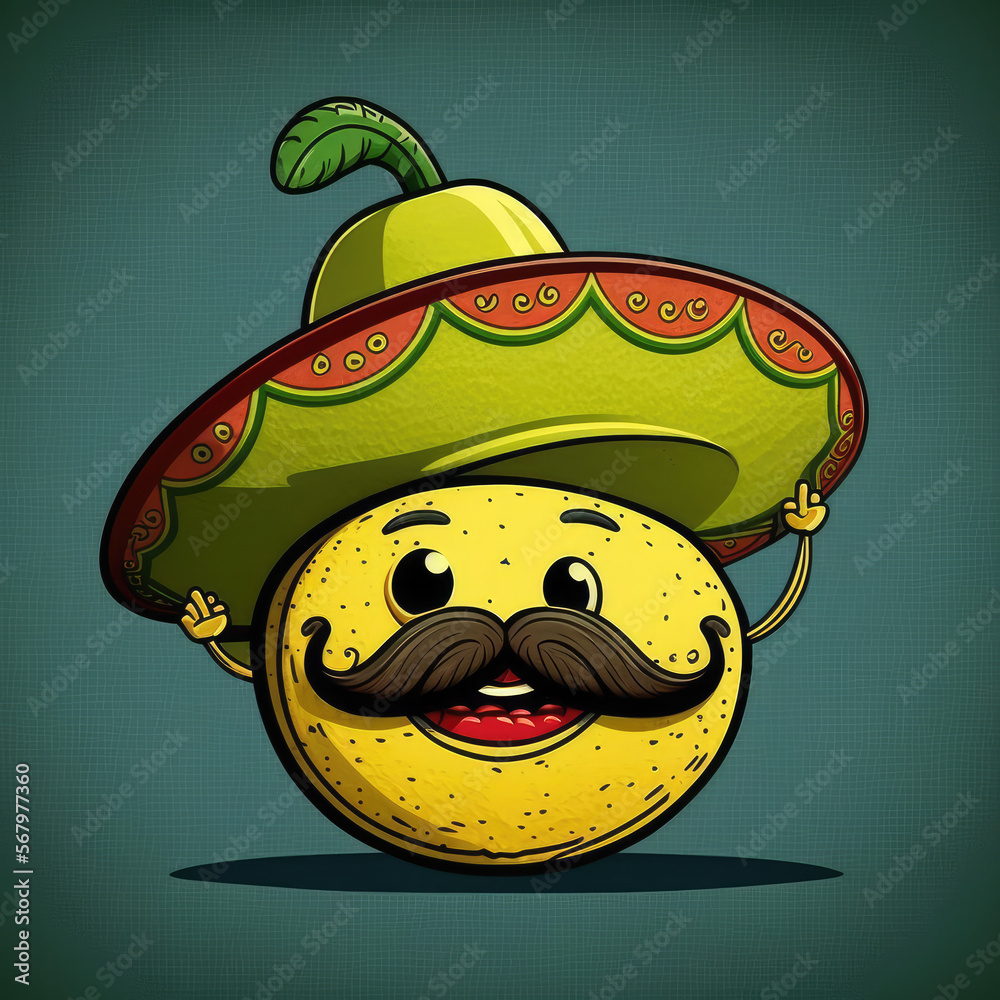 cartoon face of a lemon in a sombrero and with a Mexican mustache ...