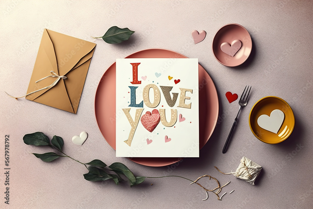 Main dish - Love. Postcard with the inscription - I Love You, lies in a ...