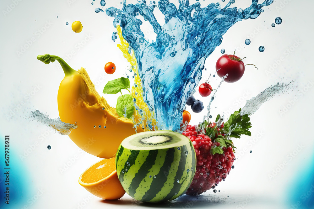 fresh vegetables and fruits of all colors pouring into blue Healthy ...