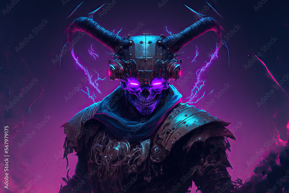 The image is of a menacing future necromancer with a human skull and ...