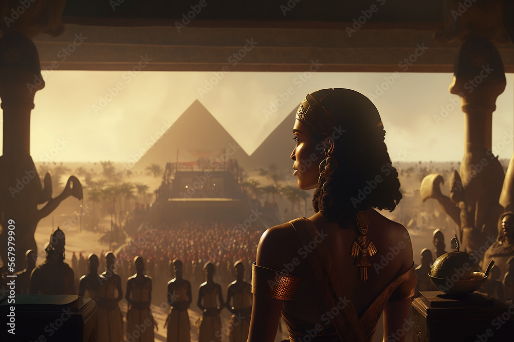 Cleopatra's speech to the crowd at sunset with the pyramids of Giza in ...