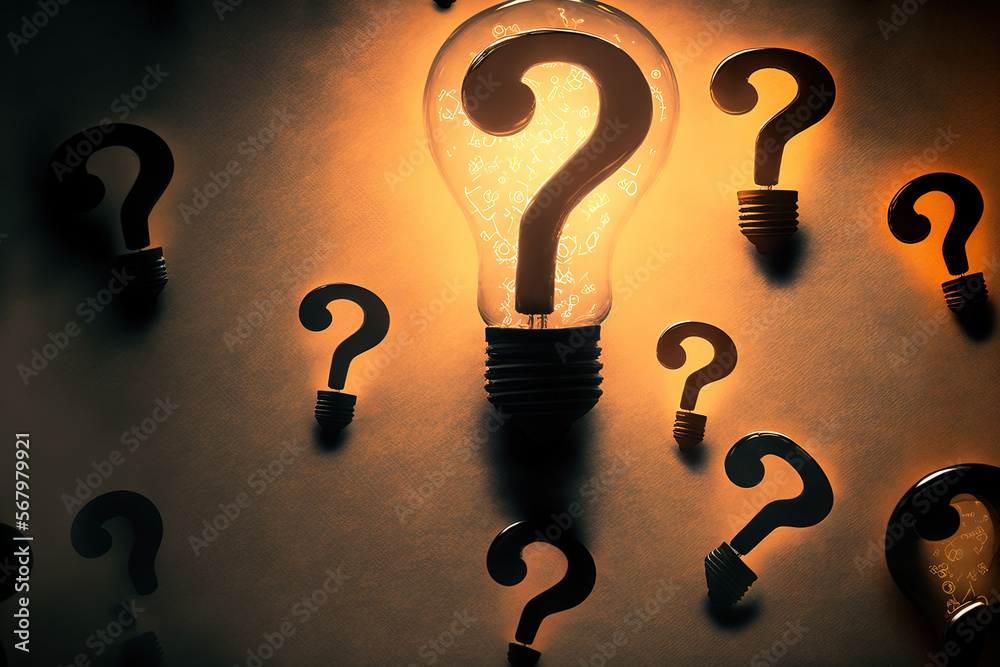 Question marks and a light bulb are symbols for an answer or thought ...