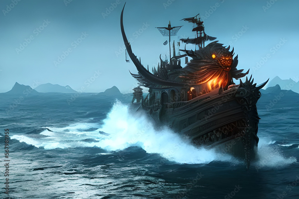 Ship in the sea, fantasy style Sea Ship, dark ocean background ...