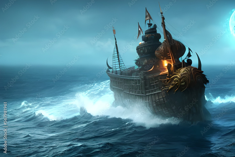 Ship in the sea, fantasy style Sea Ship, dark ocean background ...