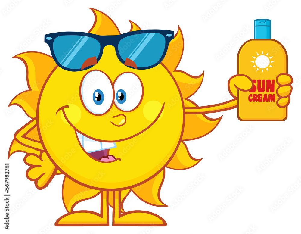 Cute Sun Cartoon Mascot Character With Sunglasses Holding A Bottle Of ...