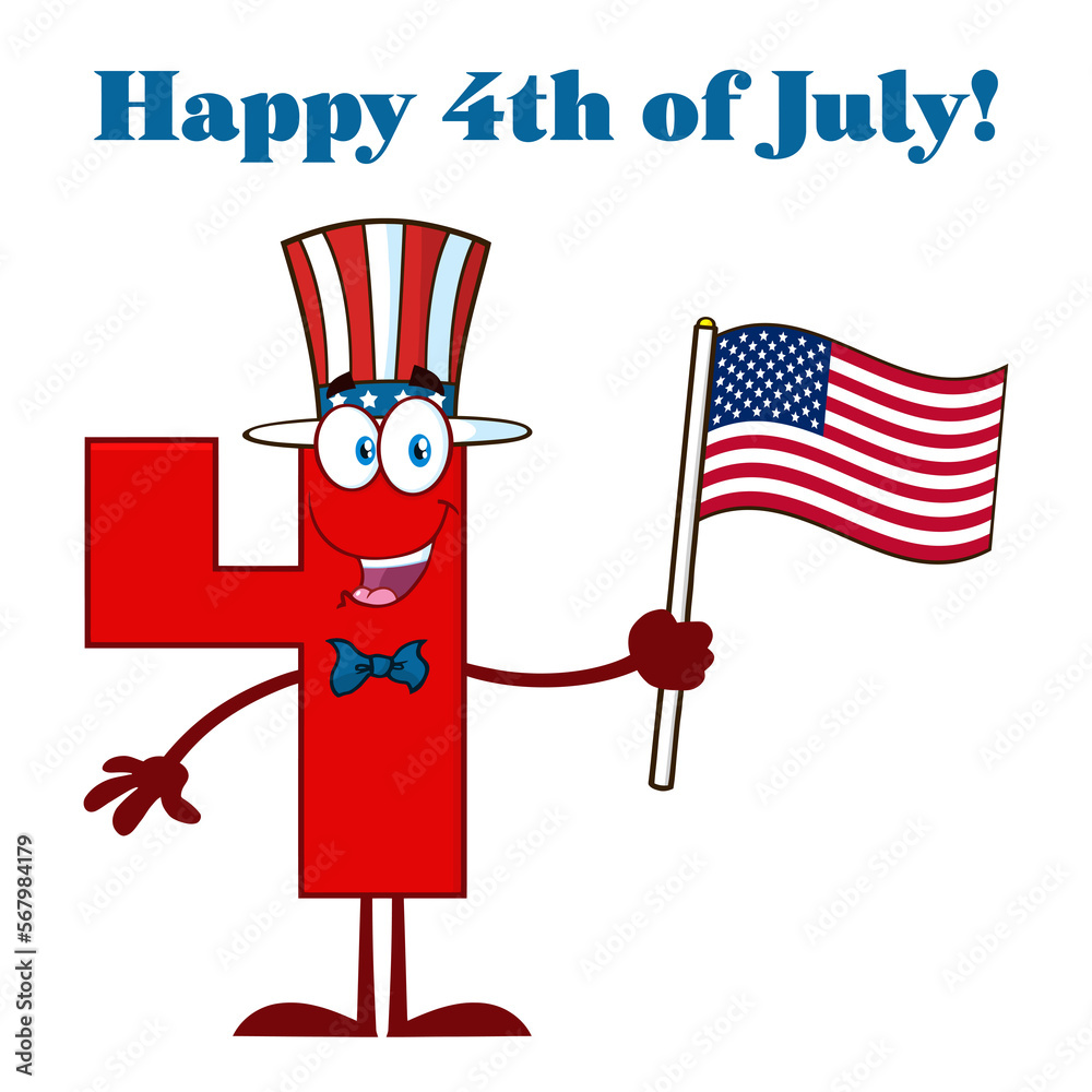 Red Number Four Cartoon Mascot Character Waving An American Flag. Hand ...