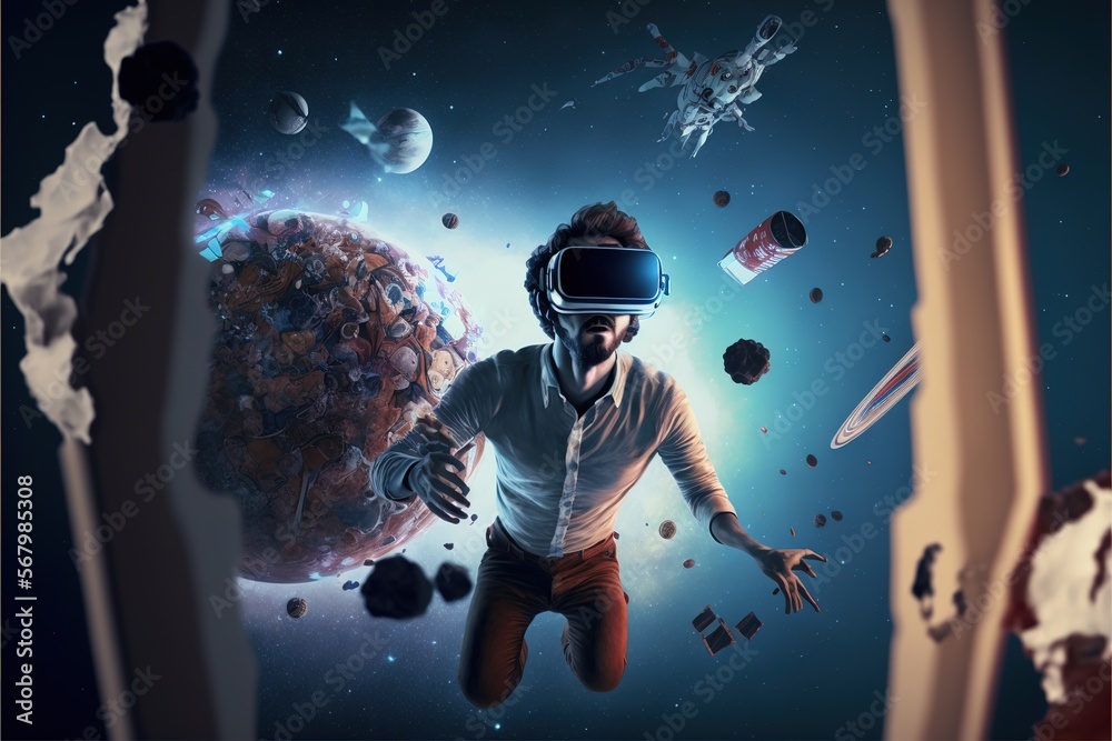 A man in a virtual reality suit is surrounded by objects and space ...