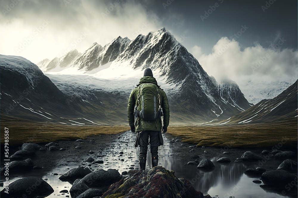 A man standing on a rocky path in front of a mountain range with a ...
